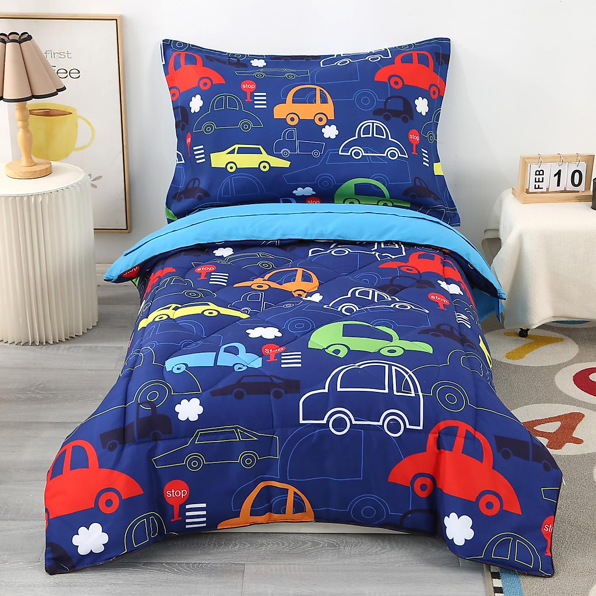 Wowelife Toddler Bedding Sets for Boys, 4 Piece Blue Car Toddler Bed Set with Comforter, Flat Sheet, Fitted Sheet and Pillowcase