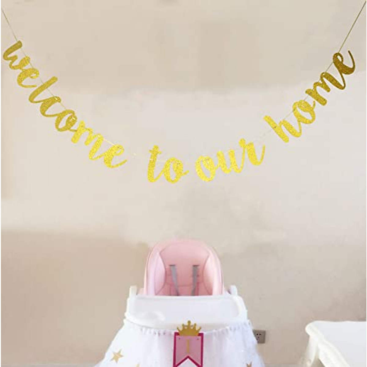 Starsgarden Glitter Gold Welcome to Our Home Banner for Housewarming Patriotic Military Decoration Family Party Supplies Cursive Bunting Photo Booth Props Sign(Gold Welcome Home)