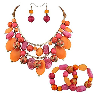 Bocar 2 Layer Statement Necklace Set Chunky Beaded Fashion Necklace with Earrings Bracelet for Women Gifts (NK-10619-set)