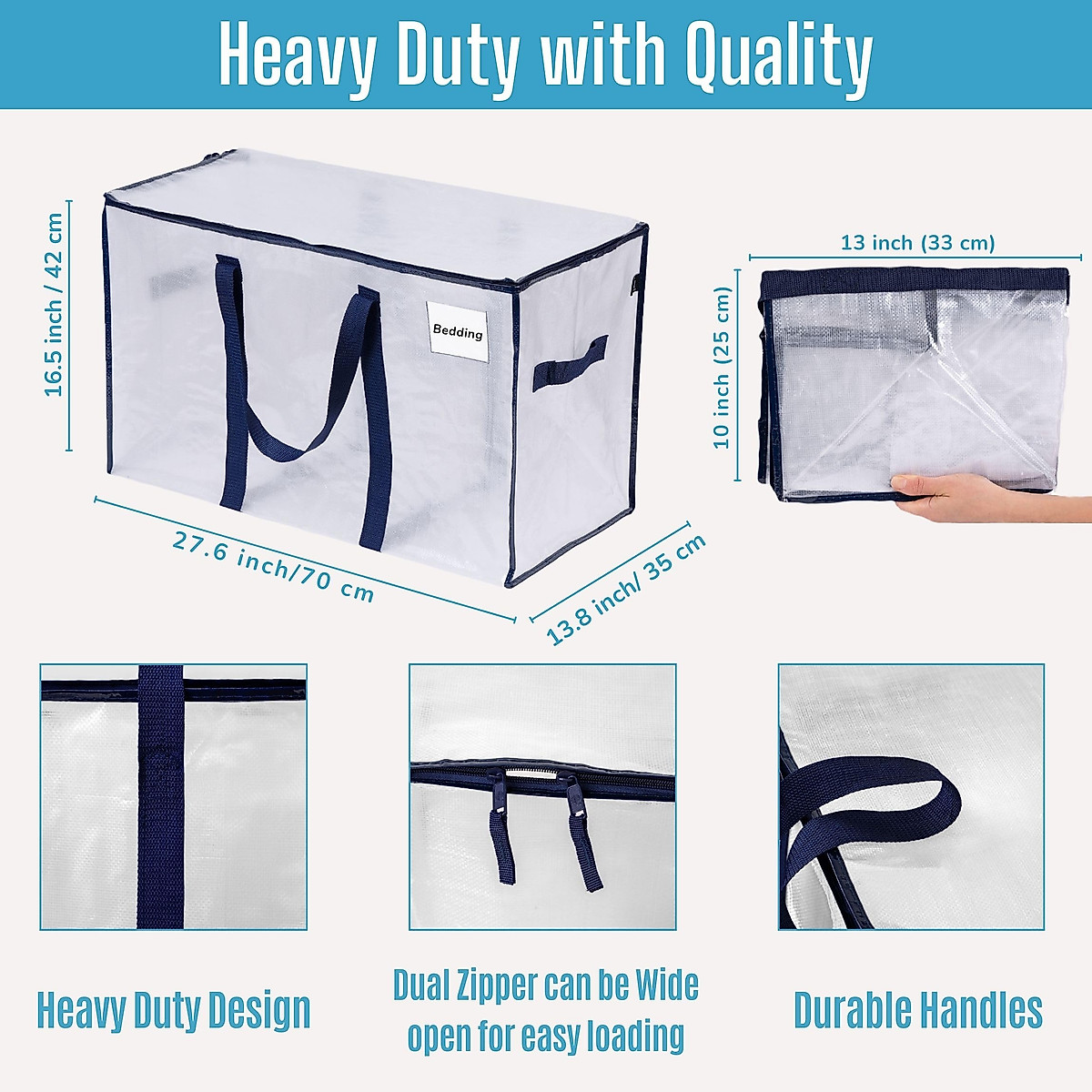 VENO 4 Pack Moving Bags, Heavy Duty, Moving Boxes Alternative, Packing Storage Supplies for Dorm Room Essentials with Zipper for Clothes, Extra Large Totes for Packaging (Clear, 4 Pack)