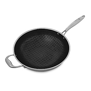 Hell's Kitchen Hybrid 12” Wok Pan and lid, Tri-Clad Stainless Steel and Nonstick Ceramic, PFAS Free, no PFOA, PTFE, or Teflon, Non Toxic Cookware, Metal Utensil Safe, All Cooktops and Oven Safe