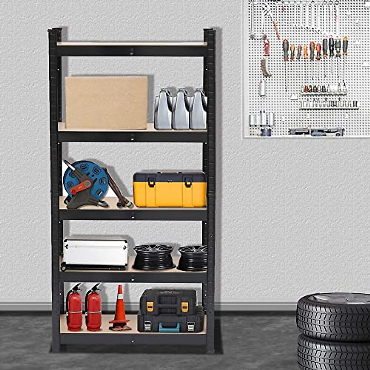 Pinikuyiro 5-Tier Utility Shelves, Metal Storage Shelves Garage Shelving Unit Adjustable Garage Storage Shelves Storage Racks Heavy Duty Shed Shelving- Black