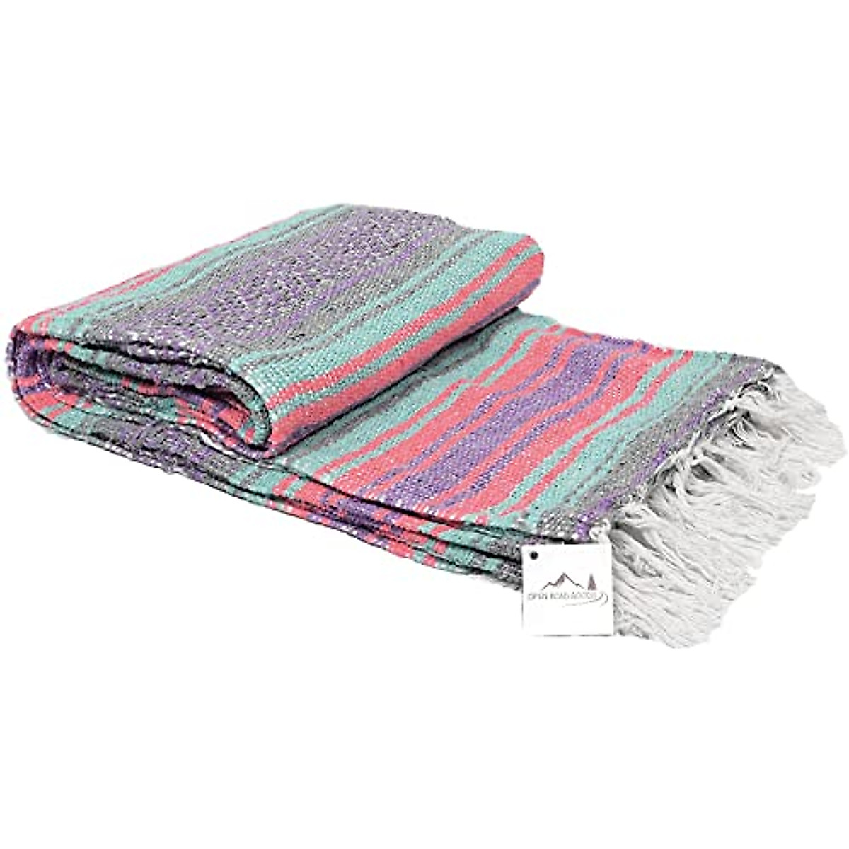 Open Road Goods Light Pastel Mexican Falsa Blanket - Pink Grey Purple and Mint/Teal - Great as a Beach Blanket, Picnic Blanket, Yoga Blanket, or a Throw! Handwoven