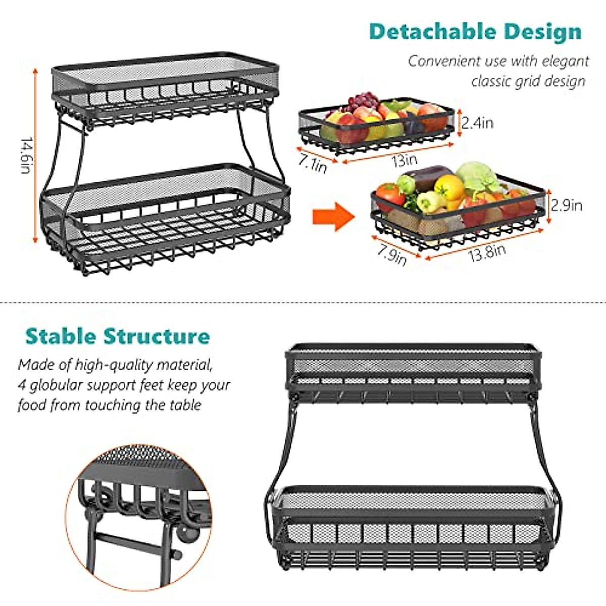 OKZEST 2 Tier Fruit Basket, Vegetable Fruit Basket Bowl for Kitchen Countertop, Metal Fruit Storage Stand Holder Organizer for Bread Snack Potato Onion Produce