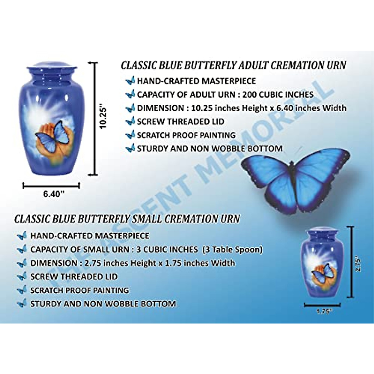 THE ASCENT MEMORIAL Urn for Human Ashes Adult Male Female | Butterfly Printed Large Funeral Urn | Complimentary Small Keepsake Vial | 2 Velvet Carry Bags for Urns and Keepsakes