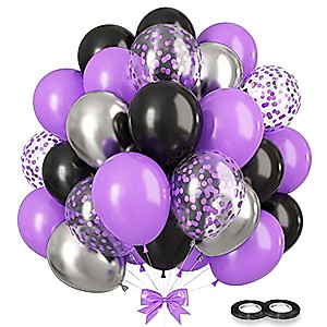 GREMAG Black and Purple Balloon, 60 Pcs Latex Balloon, 12inch Purple Black Silver Confetti Balloon with Ribbons, for Wedding, Birthday Party Decorations, Anniversary, Graduation, Theme Party Supplies