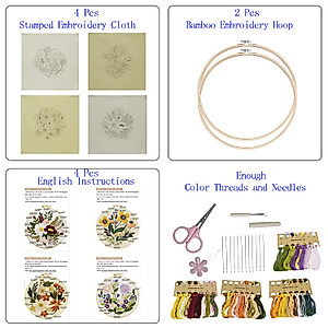 Bonroy 4 Sets Embroidery Kit for Beginners Art Craft Handy Sewing Include Embroidery Clothes with Pattern, Hoops, Instructions,Color Threads Needle Kit (Multi 1)