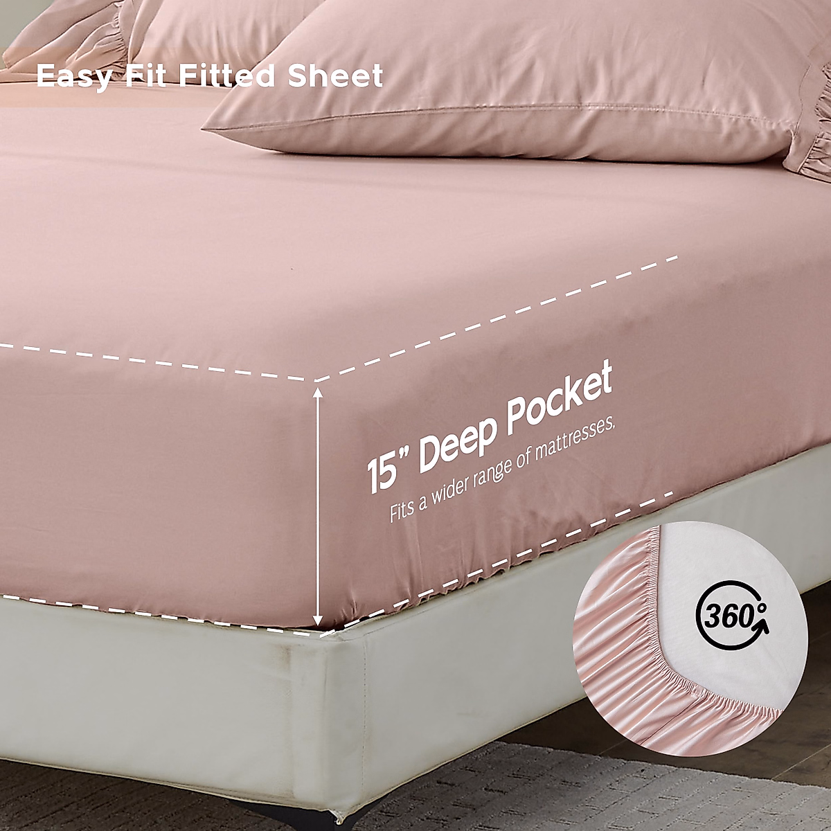 Simple&Opulence 100% Organic Cotton Sheet Set, Long Ruffle Bed Sheets (1 Flat Sheet, 1 Fitted Sheet and 1 Pillowcase) Elegant Shabby Chic Bedding Farmhouse Charming Vintage - Pink, Twin