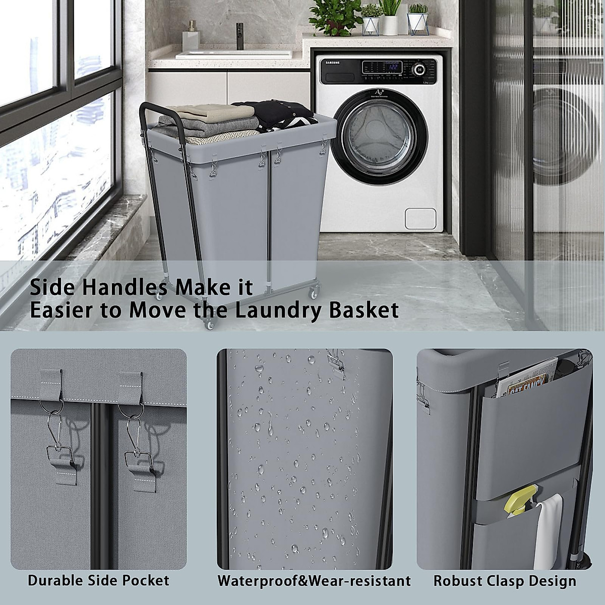 huyear Laundry Cart with Lockable Wheels 2 Section, 240L Large Capacity Commercial Laundry Sorter Rolling Laundry Cart with Sturdy Steel Frame and Removable Waterproof Bags, Laundry Hamper for Storage