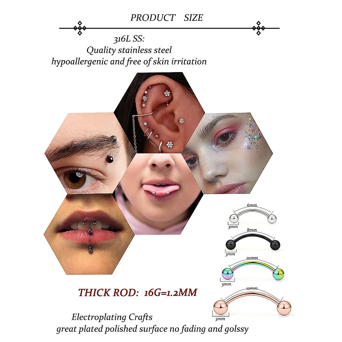 Vsnnsns 16G Daith Rook Earring Piercing Surgical Stainless Steel Curved Barbell Eyebrow Rings Cartilage Tragus Forward Helix Piercing Jewelry for Women Men 16 Gauge Mix Color