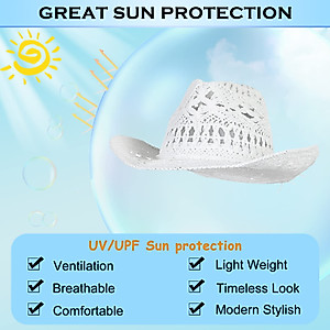 EOZY Men & Women's Summer Cowboy Cowgirl Straw Hat Hollow Out Woven Roll Up Wide Brim Hat/White