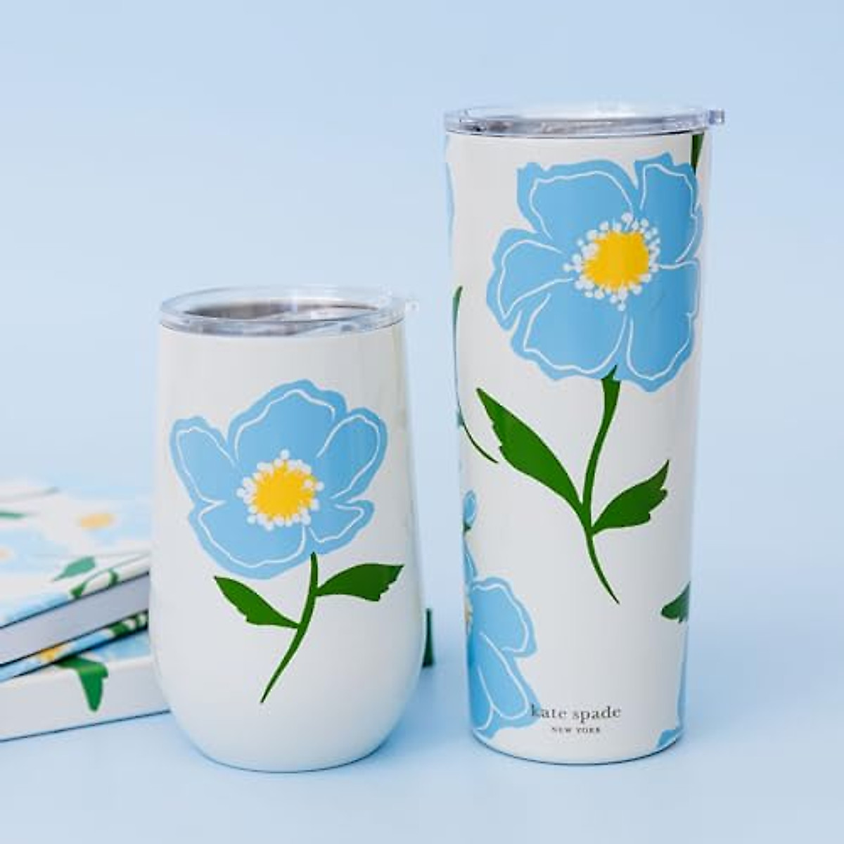 kate spade new york Insulated Stainless Steel Wine Tumbler, 16 Ounce Double Wall Tumbler, Blue Stemless Travel Cup with Lid, Sunshine Floral