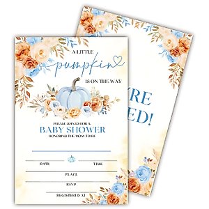Hsupl 25 Set Double Print Baby Shower Invitation Cards(4"x6")-A Little Pumpkin Is On The Way Autumn Card-Floral Watercolor Blue Pumpkin Invitation Card With Envelope-Baby Gender Announcement-A07