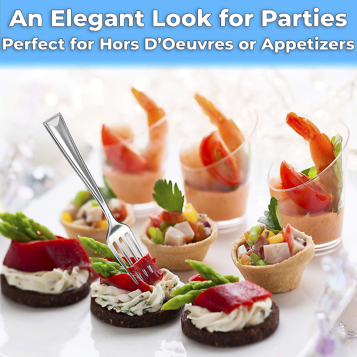 Super Elegant, BPA Free 400ct Plastic Tasting Forks. Mini Cocktail or Sampling Fork Set for Hors D'Oeuvres, Appetizers, Shrimp and Seafood. Durable, Recyclable 4 Tine Utensil with Stainless Steel Look