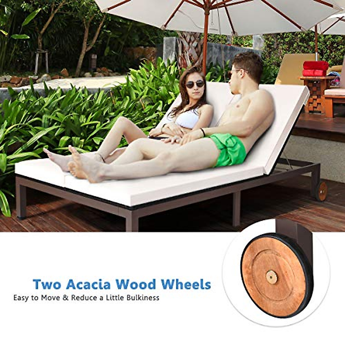 HAPPYGRILL 2-Person Patio Lounge Chair Rattan Wicker Chaise Lounge with Adjustable Backrest, Outdoor Loveseat Sofa Daybed with Wheels & Cushion for Garden Lawn Backyard