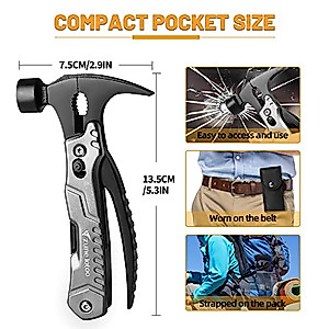 Zune Lotoo Hammer Multitool Camping, Multifunctional Survival Hammer 14 in 1 Stainless Steel Alloy Multi Use Tool with Hammer Pocket Gifts for Engineer Handyman Him Men Dad Gifts