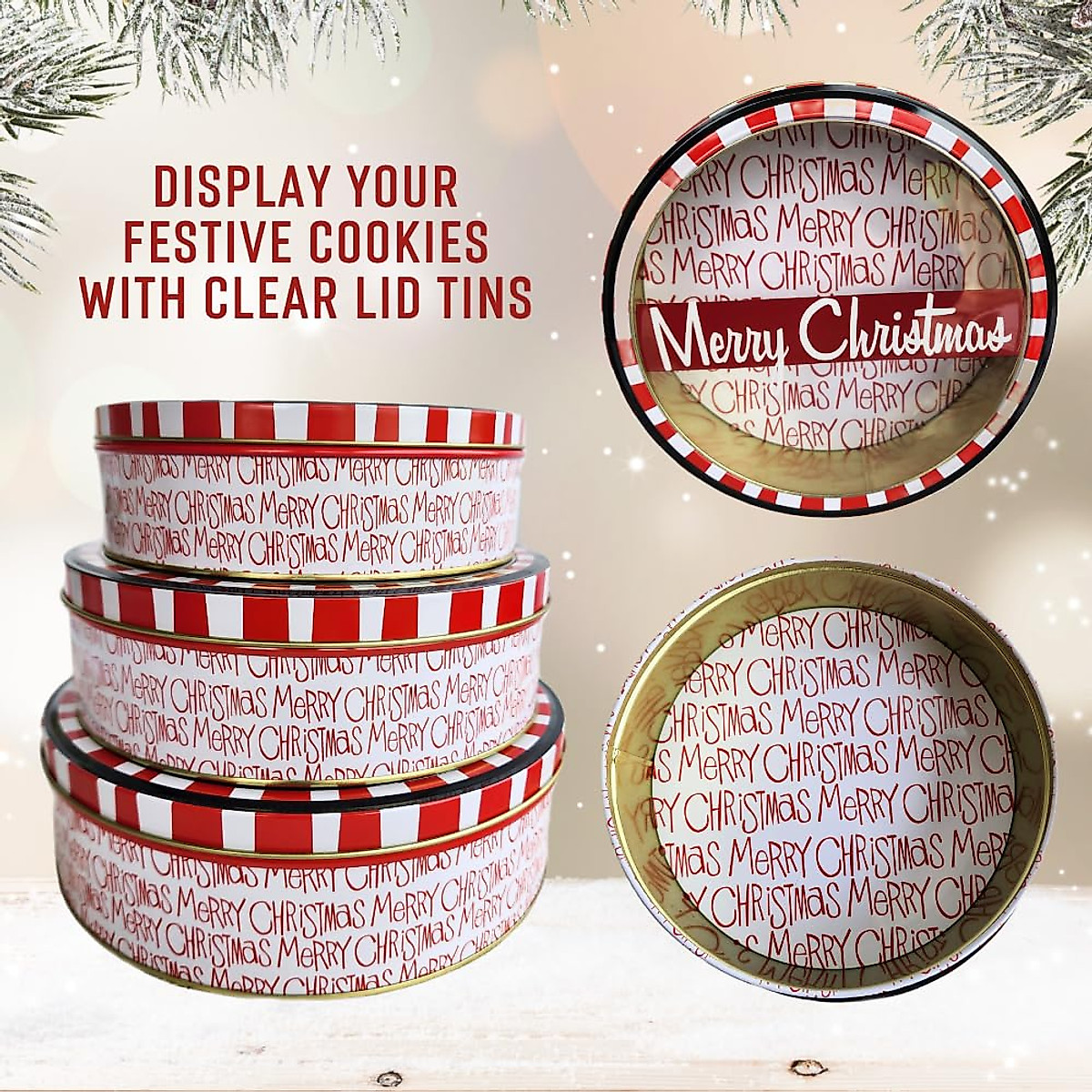 hadaaya Pack of 3 Round Nesting Tins with Clear Lids, Festive Holiday Cookie Tins for Treats & Gifts, Multipurpose Storage Container for Cookies, Snacks & More - Featuring Merry Christmas Text On Lid