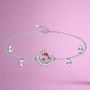 Fenthring Mushroom Bracelet Red Mushroom Moon Bracelet Sterling Silver Link Bracelets for Women Fairy Mushrooms Jewelry