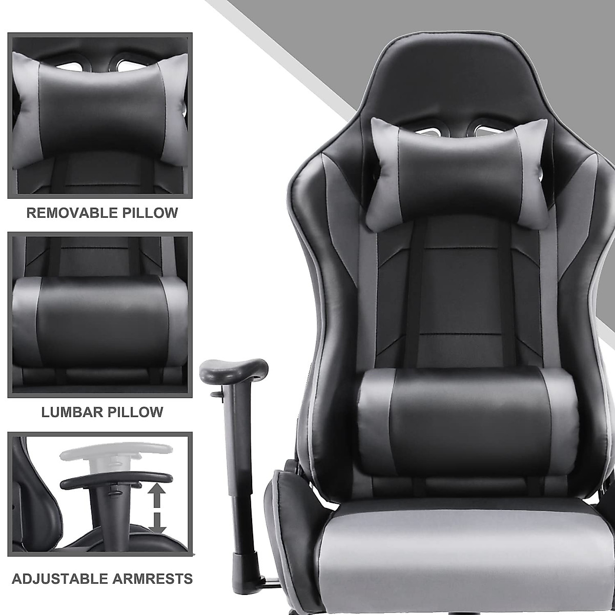 Office Chair, Ergonomic Reclining Computer Gaming Chair PU Leather Comfortable Swivel Task Home Office Desk Chair High Back with Adjustable Armrests, Black/Grey