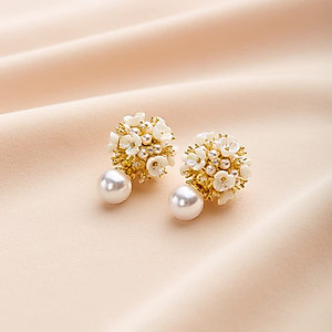 Numgug Shell Flower Pearl Earrings Ball Pearl Double Sided Stud Front Back Earrings for Women 14k Gold Plated Inlaid Created Zircon Pearl Stud (A-Golden)1