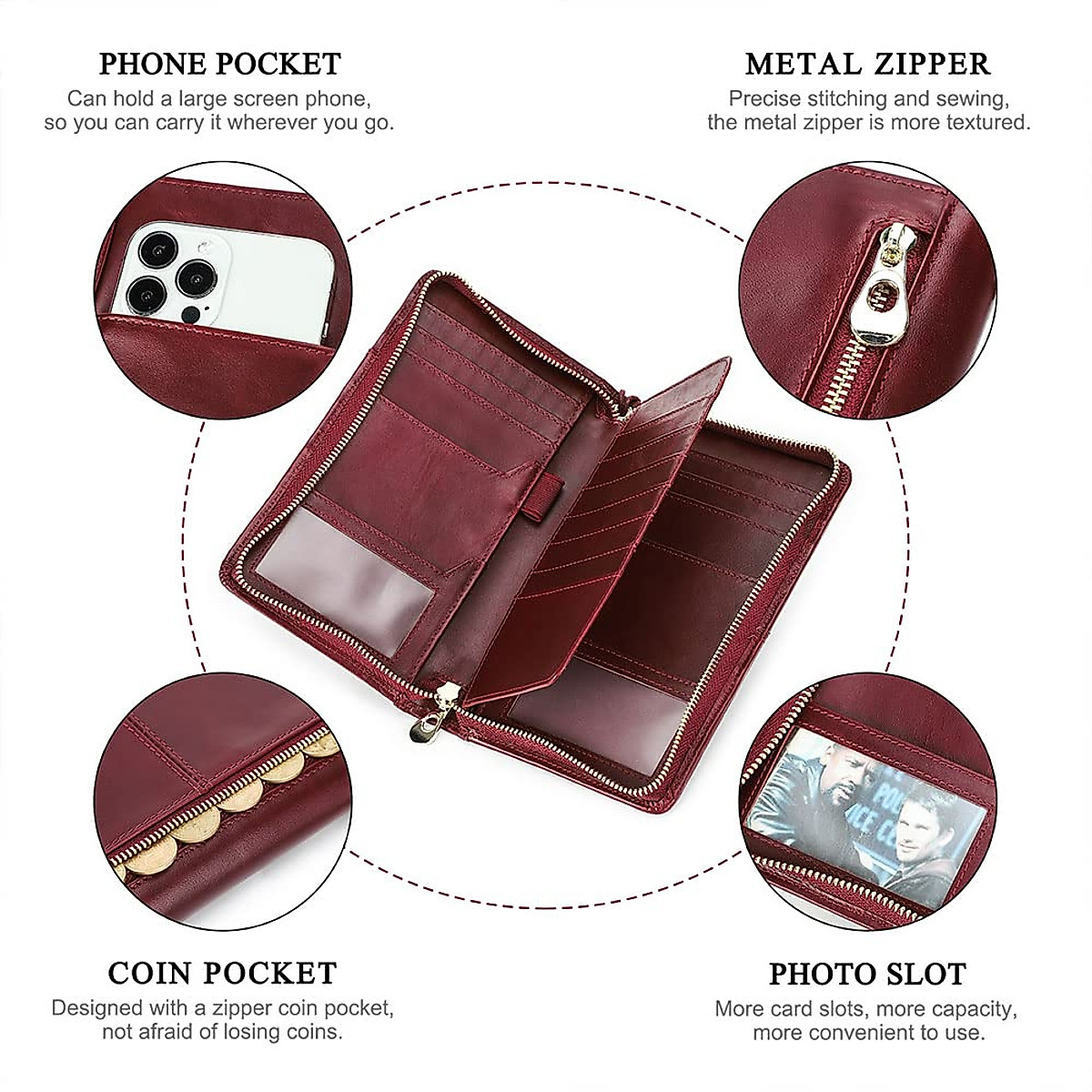 Contacts Travel Passport Wallet for 4 Women Leather Passport Holder RFID Blocking Card Organizer Large Capacity Wristlet Clutch Purse Red with 13 Card Slot