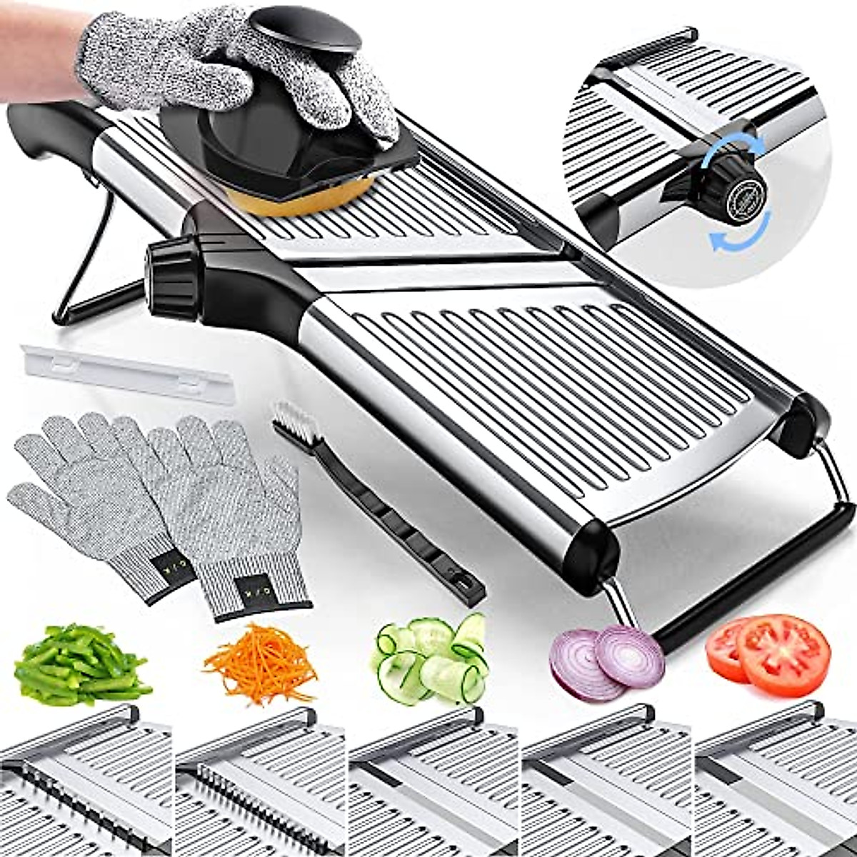 Gramercy Adjustable Mandoline Slicer for Kitchen, Vegetable Chopper, Food Chopper, Vegetable Slicer, Potato Slicer, Mandolin, Potato Cutter - Stainless Steel - INCLUDING One Pair Cut-Resistant Gloves