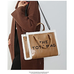 Tote Bag for Women, PU Leather Tote Bag with Lamb Wool, Shoulder Crossbody Bag for Work/Travel (Khaki)