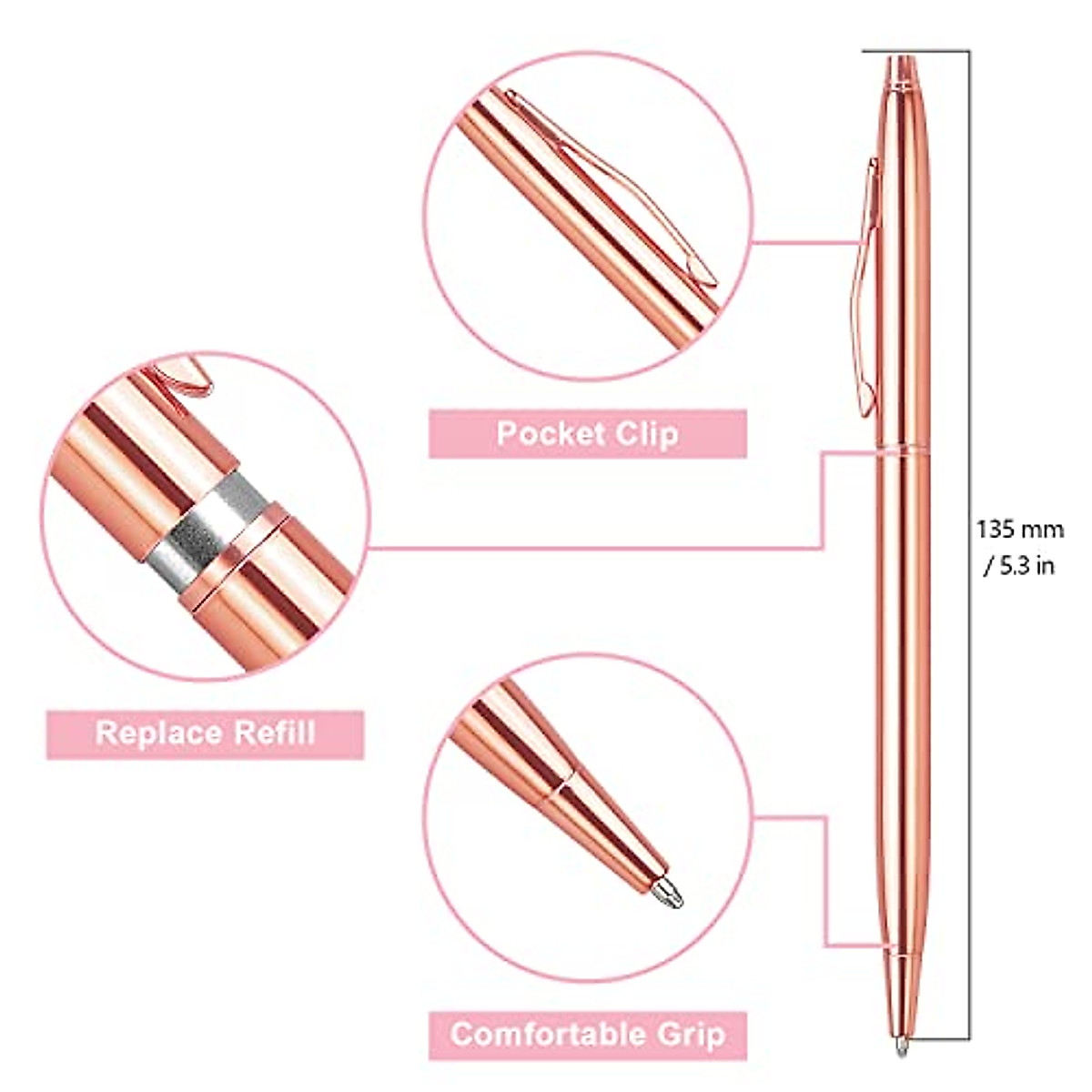 LONGKEY 3 Pack Slim Gold Ballpoint Pens Black Ink 1 mm, Great Gift for Business Office Students Teachers Wedding Christmas (Rose Gold)