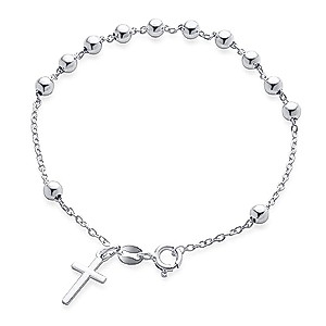 Thin Simple Religious Prayer Ball Beads Cross Rosary Bracelet For Women For Teen .925 Sterling Silver