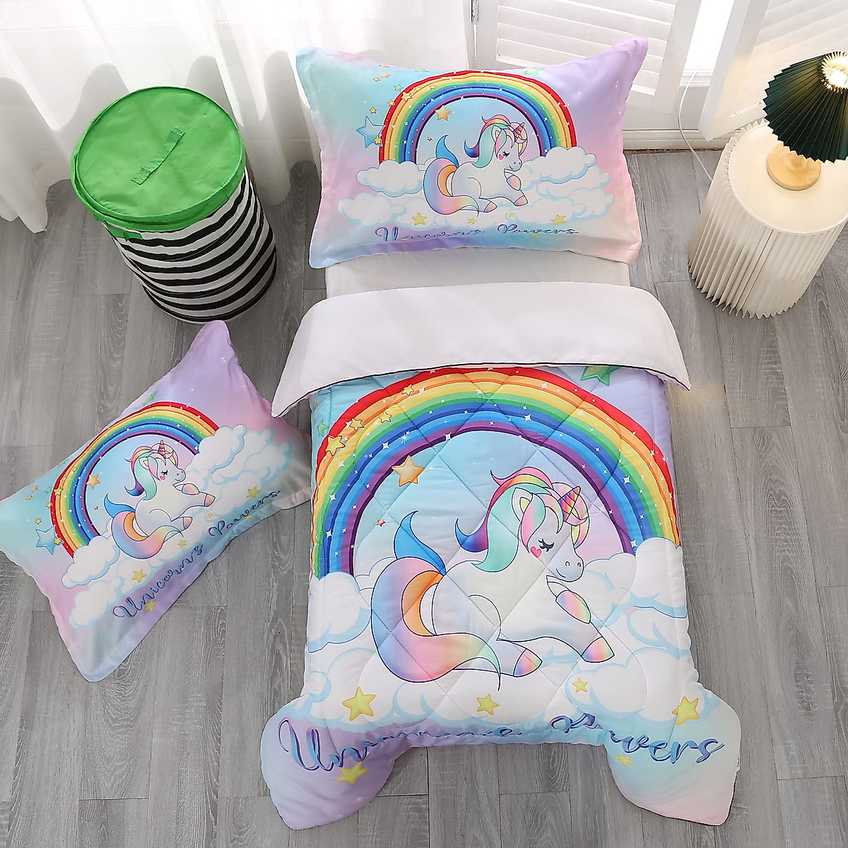 KINBEDY Unicorn Toddler Bedding Set Rainbow Soft Breathable Polyester Nursery Comforter with 2 Pillowcases for Baby Girls and Boys,Lavender