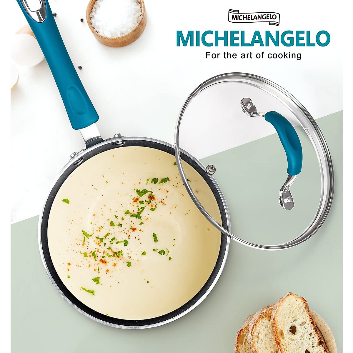 MICHELANGELO Sauce Pan Sets, Enamel Sauce Pan with Lid, 1Qt & 2Qt & 3Qt Saucepans with Lids, Nonstick Saucepan Set, Small Pot with Lid, Non Stick Sauce Pots with Silicone Handle, Oven Safe, Cyan