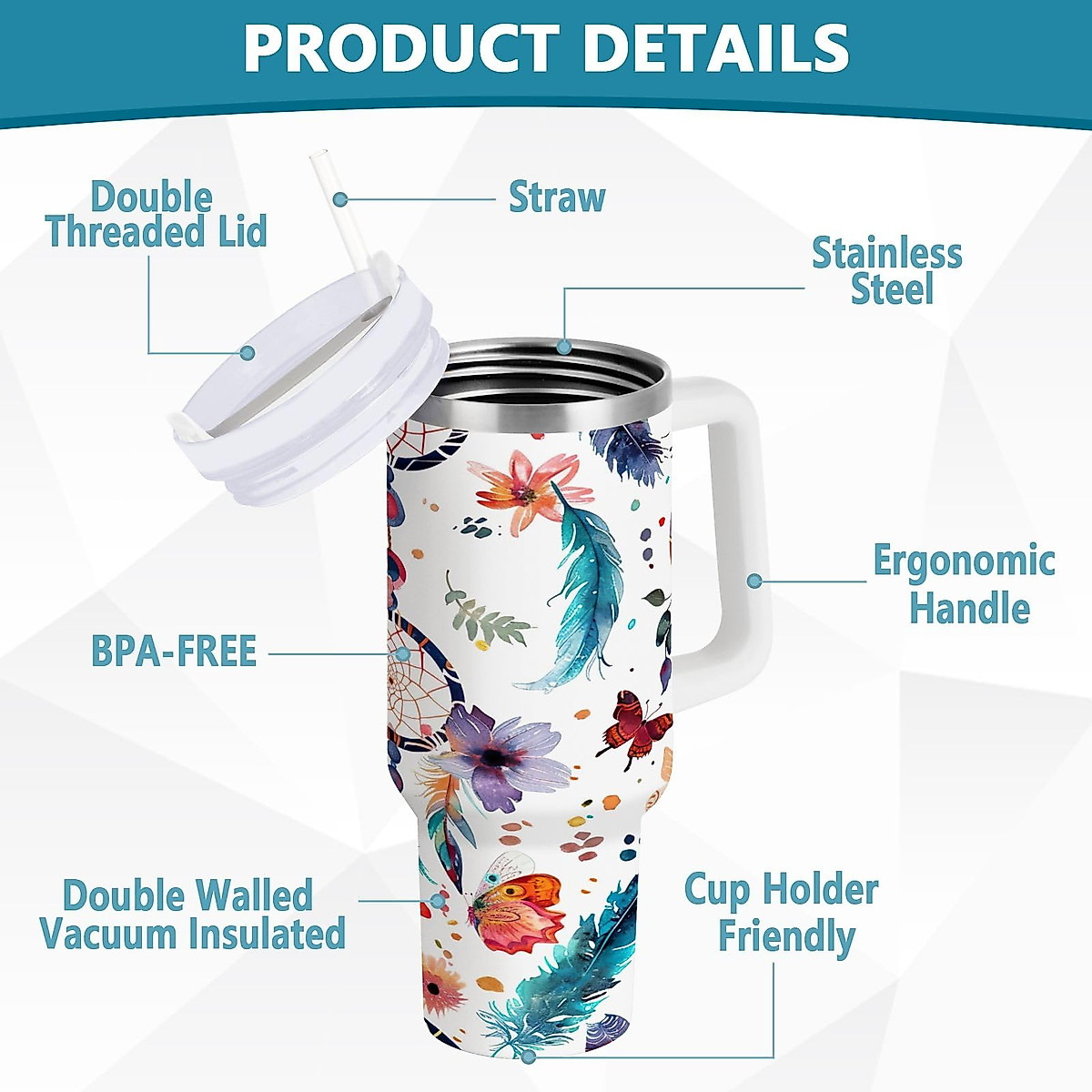 a of Dream Catchers 30 Oz Iced Coffee Tumbler with Lid and Straw Water Bottles