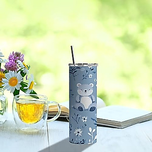 Tumbler with Lid and Straw Cartoon Bear Flowers and Plants thermos coffee travel mugcute cups 20 oz insulated tumbler for Daily Holiday Decor Gift coffee cup