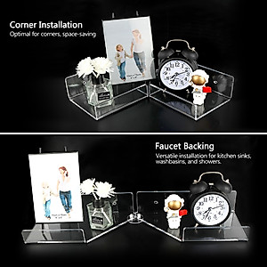 Bathroom Shelf Acrylic Lower or Over The Sink Shelf for Small Bathroom,Behind Faucet & Swivel Corner Floating Shelves for Kitchen Faucet Shelving,Smart Self-Adhesive & Drilling Mount (Large)