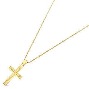 14K Yellow Gold Cross Charm Pendant with 0.9mm Wheat Chain Necklace - 24"