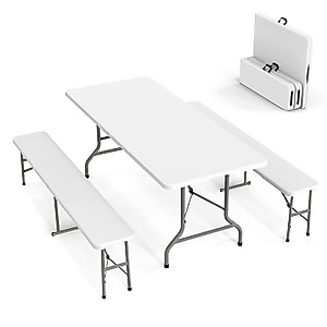 VINGLI Picnic Table Set with 2 Benches, 6 Feet Camping Table Chair Set,3-Piece Folding Furniture for Indoor or Outdoor Use, Smooth Tabletop, White