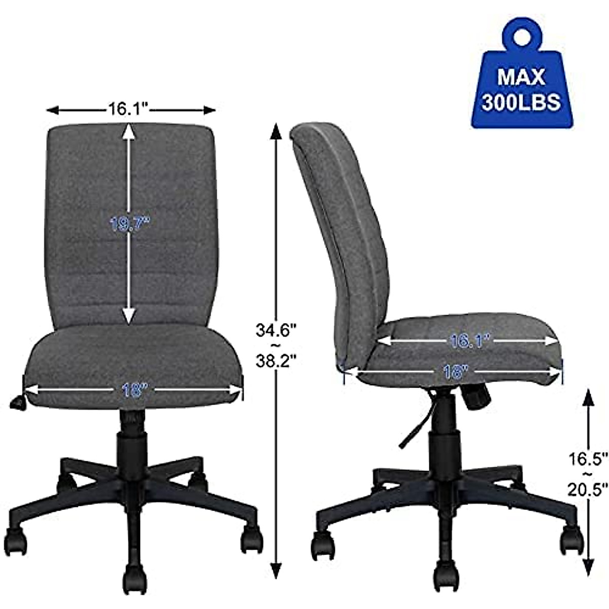 Ergonomic Home Office Desk Chair – Computer Mesh Adjustable Task Swivel Tilt Tension Armless Cushion Mid-Fiber Mesh Lumbar Support (Dark Gray)