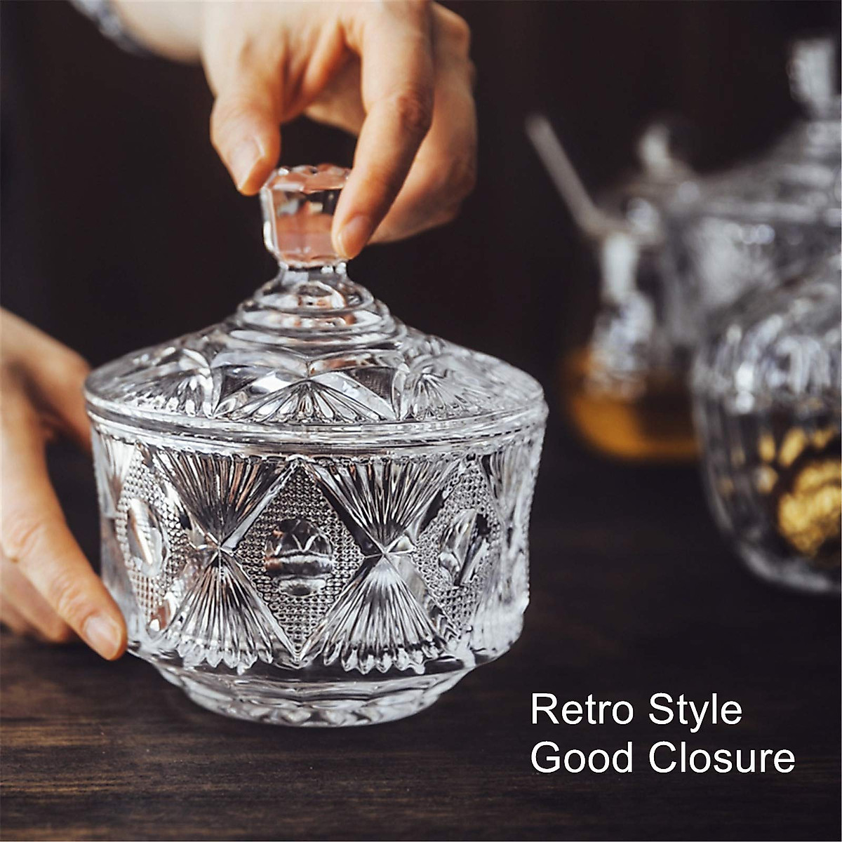 Old Glass Candy Dish with Lid – Transparent Storage Jar –Clear Covered Box for Food Storage and Organization Kitchen , Office , Home Decoration– Set of 1(Diameter: 5 Inch) 11 Ounce