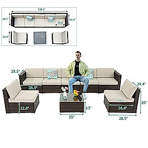 YITAHOME 8 Piece Outdoor Patio Furniture Sets, Garden Conversation Wicker Sofa Set, and Patio Sectional Furniture Sofa Set with Coffee Table and Cushion for Lawn, Backyard, and Poolside, Brown