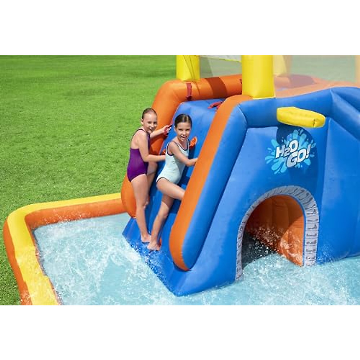Bestway H2OGO! 18 x 16.5 x 8.7 Foot Super Double Racing Super Speedway Kids Inflatable Water Park with Air Blower, Ground Stakes, and Storage Bag