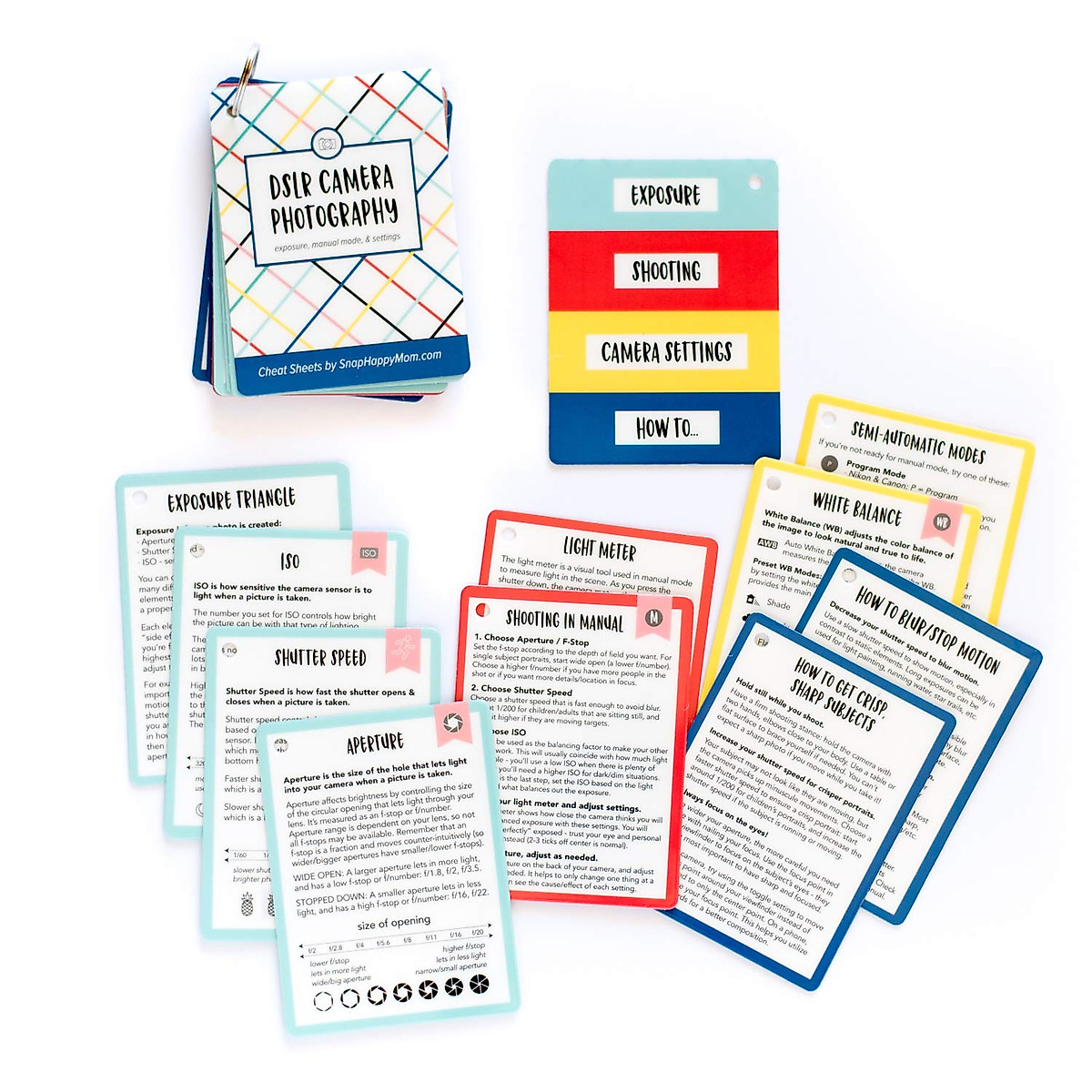 DSLR Cheat Sheet Cards for Canon, Nikon and Sony Cameras - Plastic Quick Reference Photography Cards | Camera Settings, Exposure & Manual Mode (Bright)