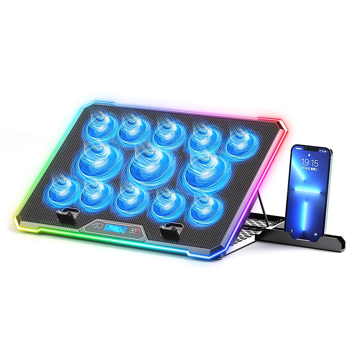 KYOLLY RGB Laptop Cooling Pad Gaming Laptop Cooler, Laptop Fan Cooling Stand with 13 Quiet Cooling Fans for 15.6-17.3 inch laptops, 9 Height Stand, LED Lights & LCD Screen, 2 USB Ports, Lap Desk Use