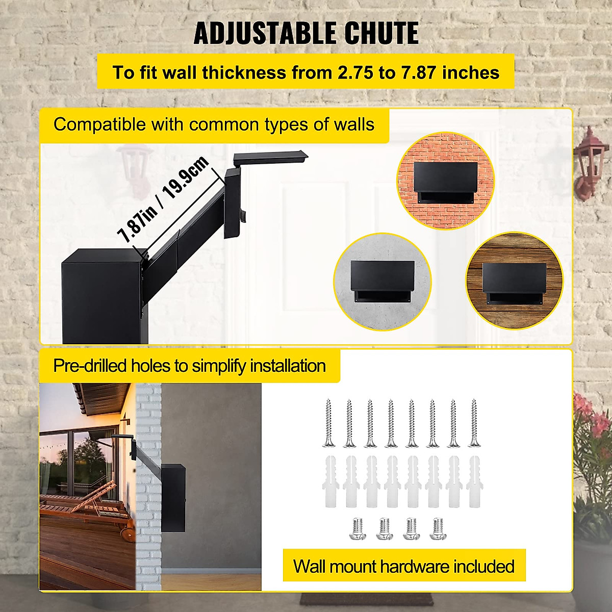 VEVOR Through The Wall Drop Box, 12.5''x6.3''x16.9'' Mail Drop Box w/Adjustable Chute, Deposit Drop Box w/Code Lock, Rainproof Wall Mount Mailbox for Letters, Rents, Check & Keys, Home & Office, Black