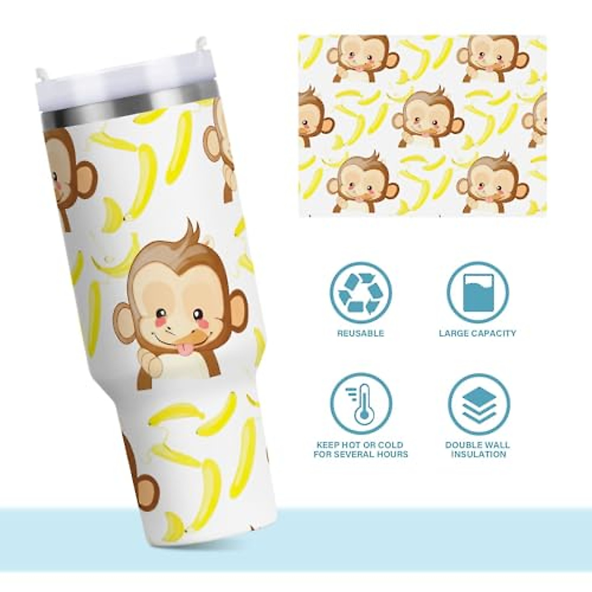 Stainless Steel Vacuum Insulated Tumbler 40 Oz with Handle and Straw, Cute Monkey Banana Travel Coffee Tumbler