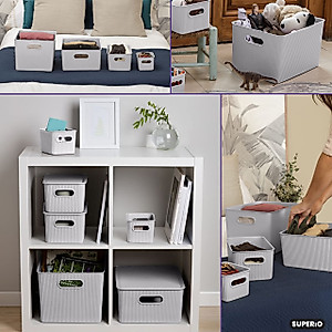 Superio Ribbed Collection - Decorative Plastic Open Home Storage Bins Organizer Baskets, X-Large White Smoke (1 Pack) Container Boxes for Organizing Closet Shelves Drawer Shelf 22 Liter/23 Quart