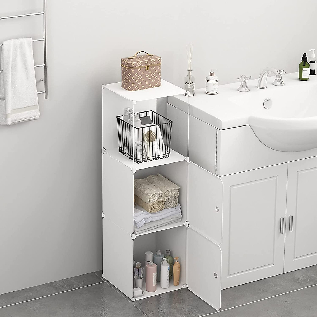 Aetic 3 Tier Cube Storage Storage Bathroom Storage Cabinet Bathroon Organizer Free Standing Side Storage Cubes with Doors 3 Cube White