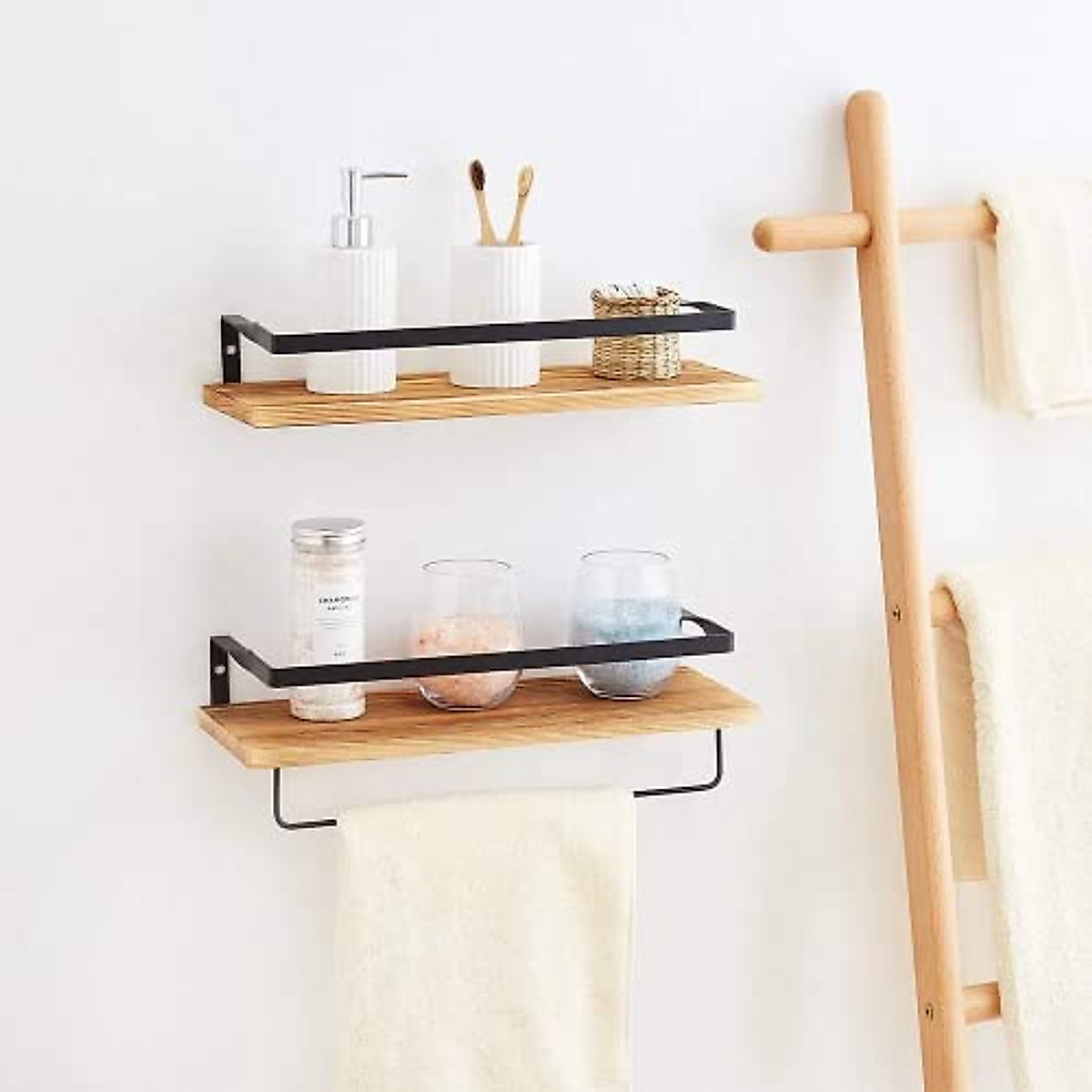 AIM & GGKK Floating Shelves with Towel Bar, Light Brown Wall Shelves for Bathroom/Living Room/Bedroom.(Set of 2)