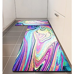Rainbow Colors Kitchen Rugs Mats Set of 2 Iridescent Marble Art Anti-Fatigue Cushioned Kitchen Floor Mat Non-Slip Backing Washable Kitchen Rugs Set Office Laundry (Rainbow, 17"x29.5"+17"x47")