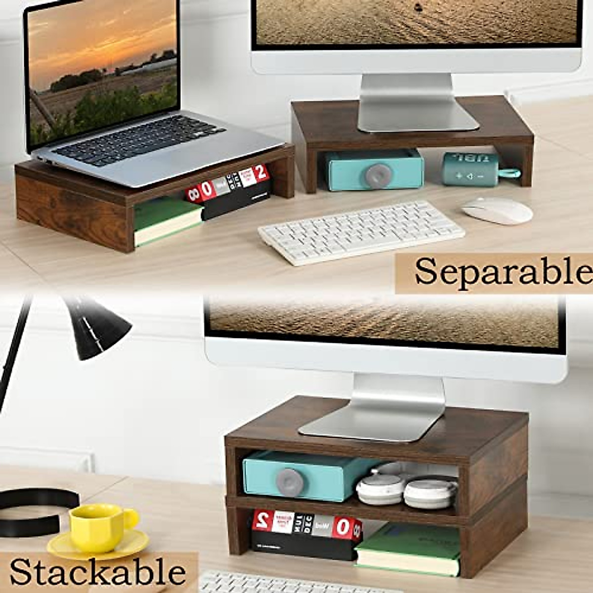 TEAMIX Monitor Stand Riser-2 Pack, Rustic Brown Wood Adjustable Monitor Stand Dual Monitor Riser for 2 Monitors/Laptop/PC Computer Stand for Desk