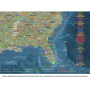 National Parks Poster Map with terrain and USA Interstates, All NPS Sites, Landmarks, Highest Peak by State Poster - 24x18 inch Map - Explore America - Voyager Edition